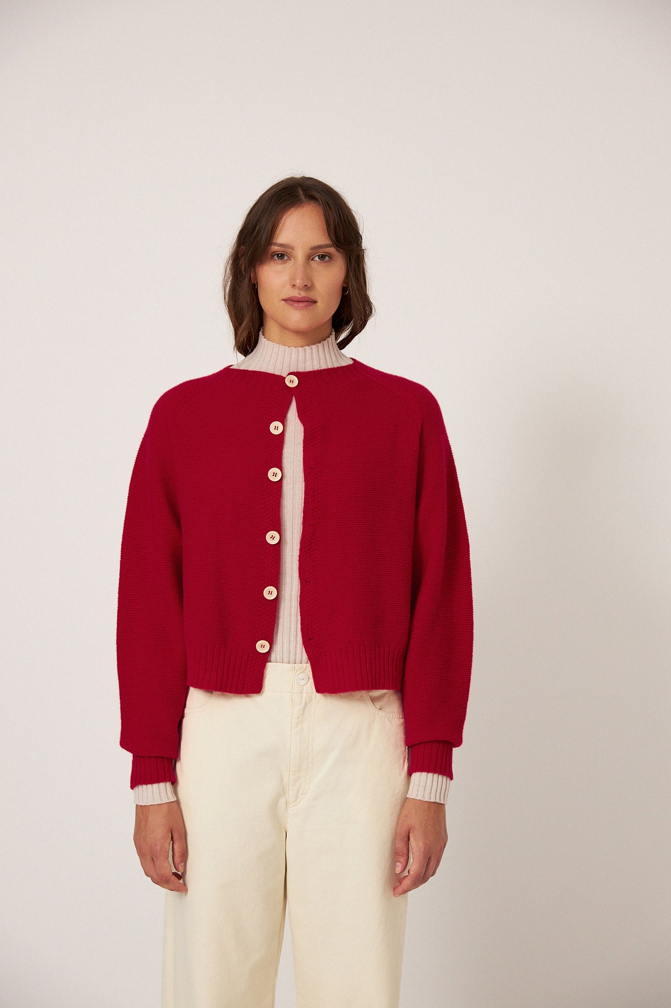 Garter Loft Cardigan - Cherry | Knitwear Done Differently at francie.co.nz